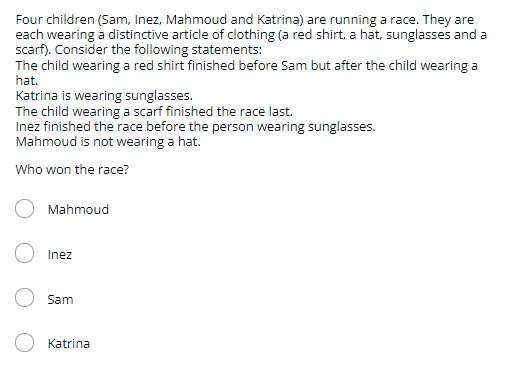 Solved Four children (Sam, Inez, Mahmoud and Katrina) are | Chegg.com