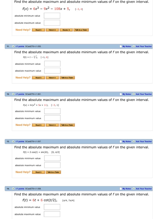 Solved Find the absolute maximum and absolute minimum values | Chegg.com