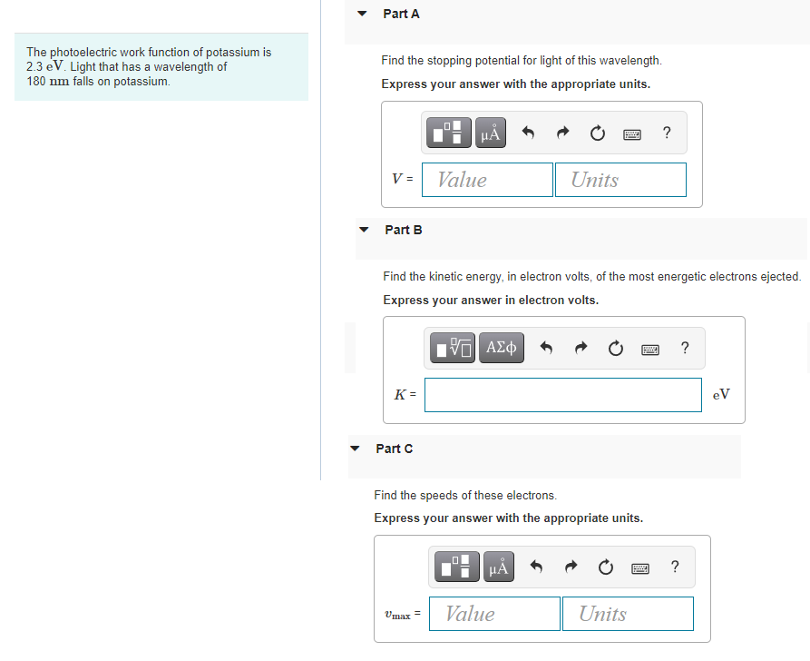 Solved Part A The photoelectric work function of potassium | Chegg.com