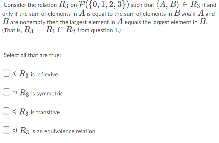 Solved Consider the relation R3 on P({0, 1, 2, 3}) such that | Chegg.com