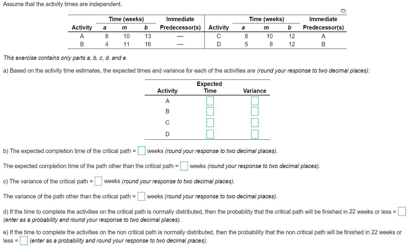 Solved Assume that the activity times are independent. | Chegg.com