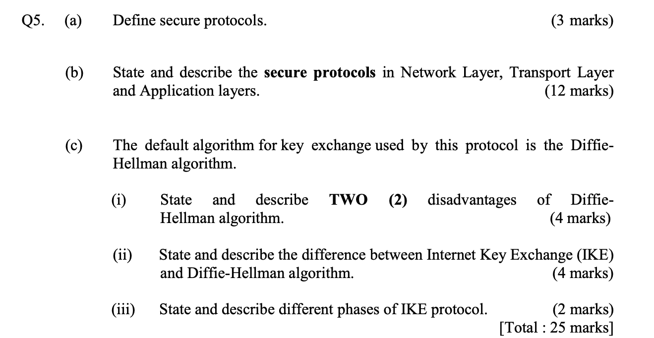 Solved Q5. (a) Define secure protocols. (3 marks) (b) State | Chegg.com