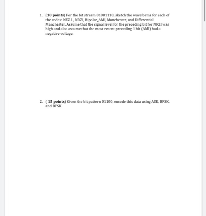 Solved (30 points) For the bit stream 01001110, sketch the | Chegg.com