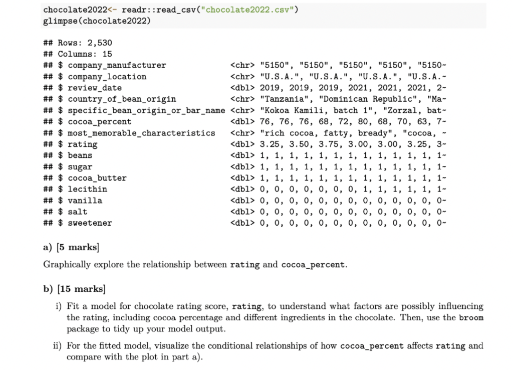 Question 2 The data set, chocolate.csv, includes | Chegg.com