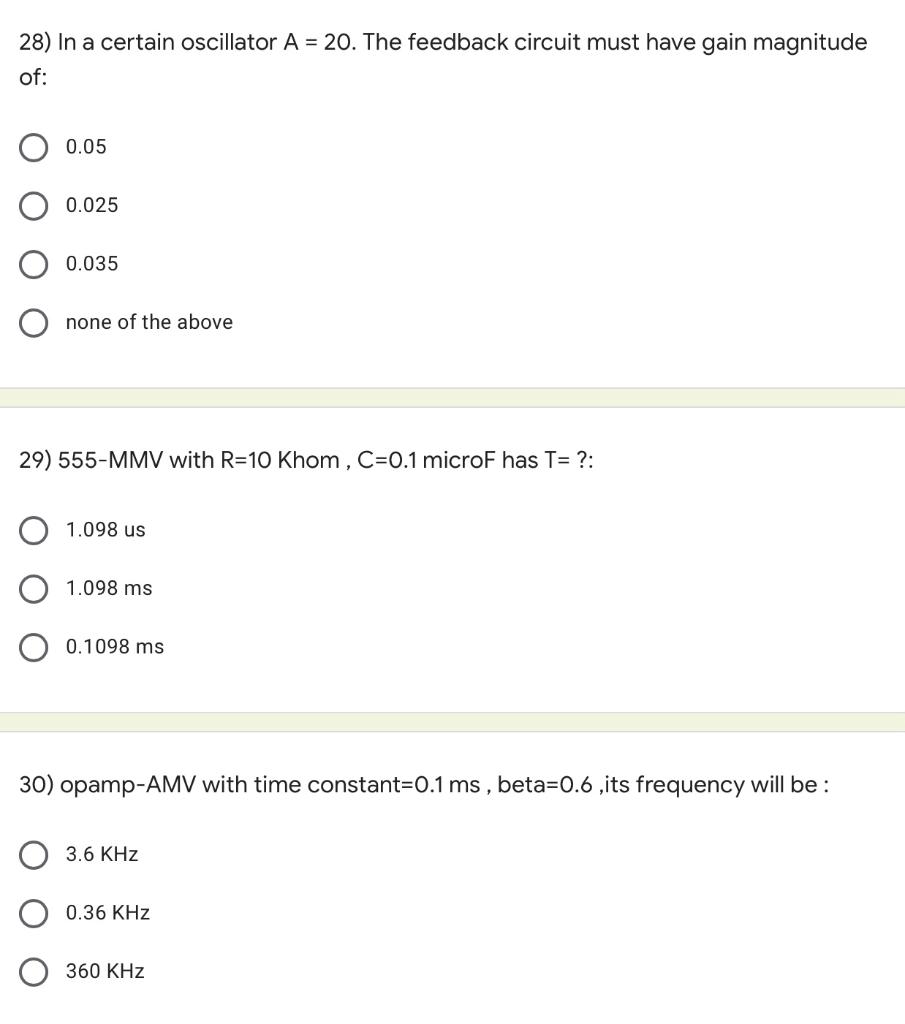 Solved 28) In a certain oscillator A = 20. The feedback | Chegg.com