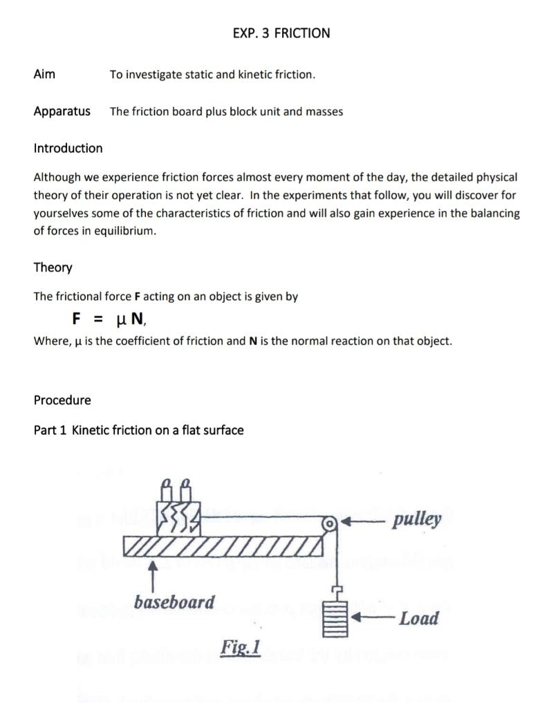 EXP. 3 FRICTION Aim To investigate static and kinetic | Chegg.com