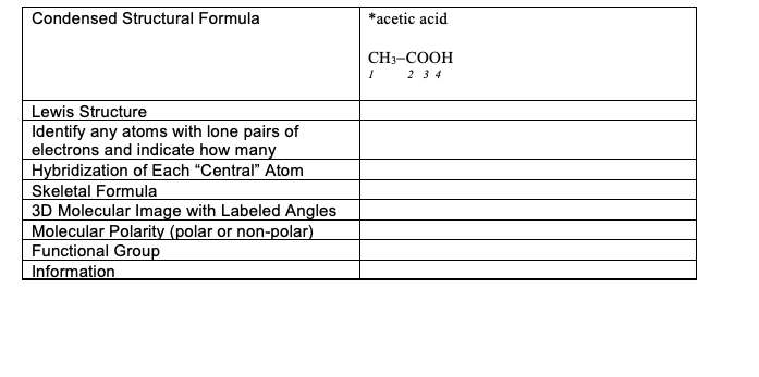 Solved Condensed Structural Formula *acetic acid CH3-COOH 1 | Chegg.com