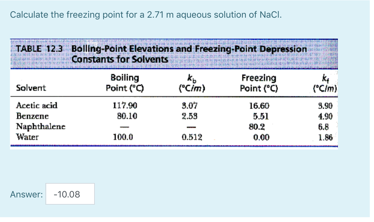 Solved Calculate the freezing point for a 2.71 m aqueous | Chegg.com