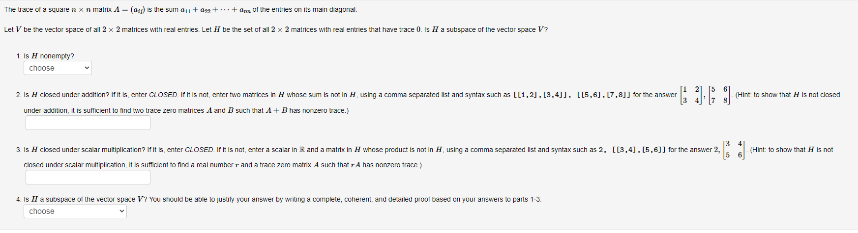 Solved The trace of a square n x n matrix A = (aij) is the | Chegg.com