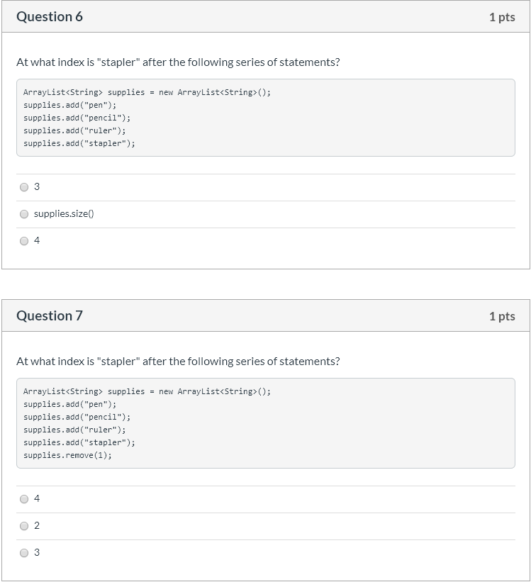 Solved Question 6 1 pts At what index is "stapler" after the | Chegg.com
