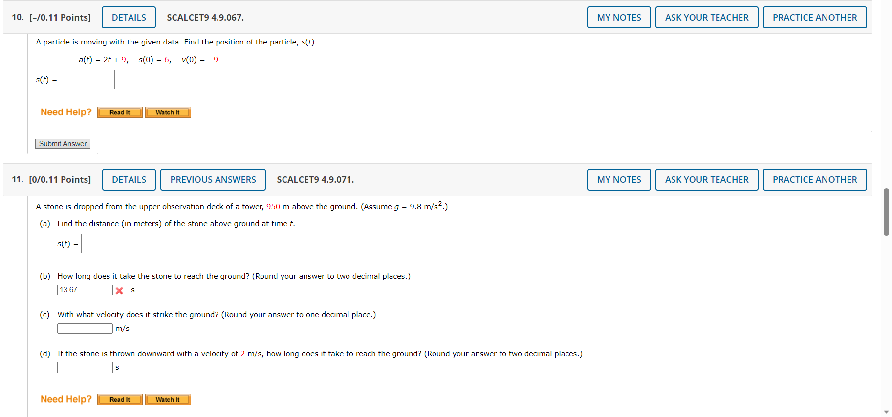 Solved [-/0.11 Points] SCALCET9 4.9.067. A particle is | Chegg.com