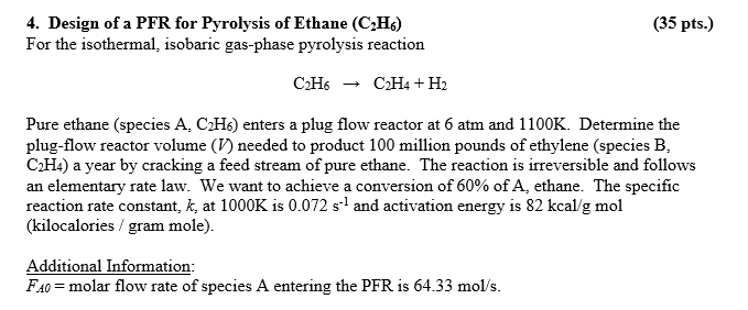 Solved 4. Design of a PFR for Pyrolysis of Ethane (CH) (35 | Chegg.com