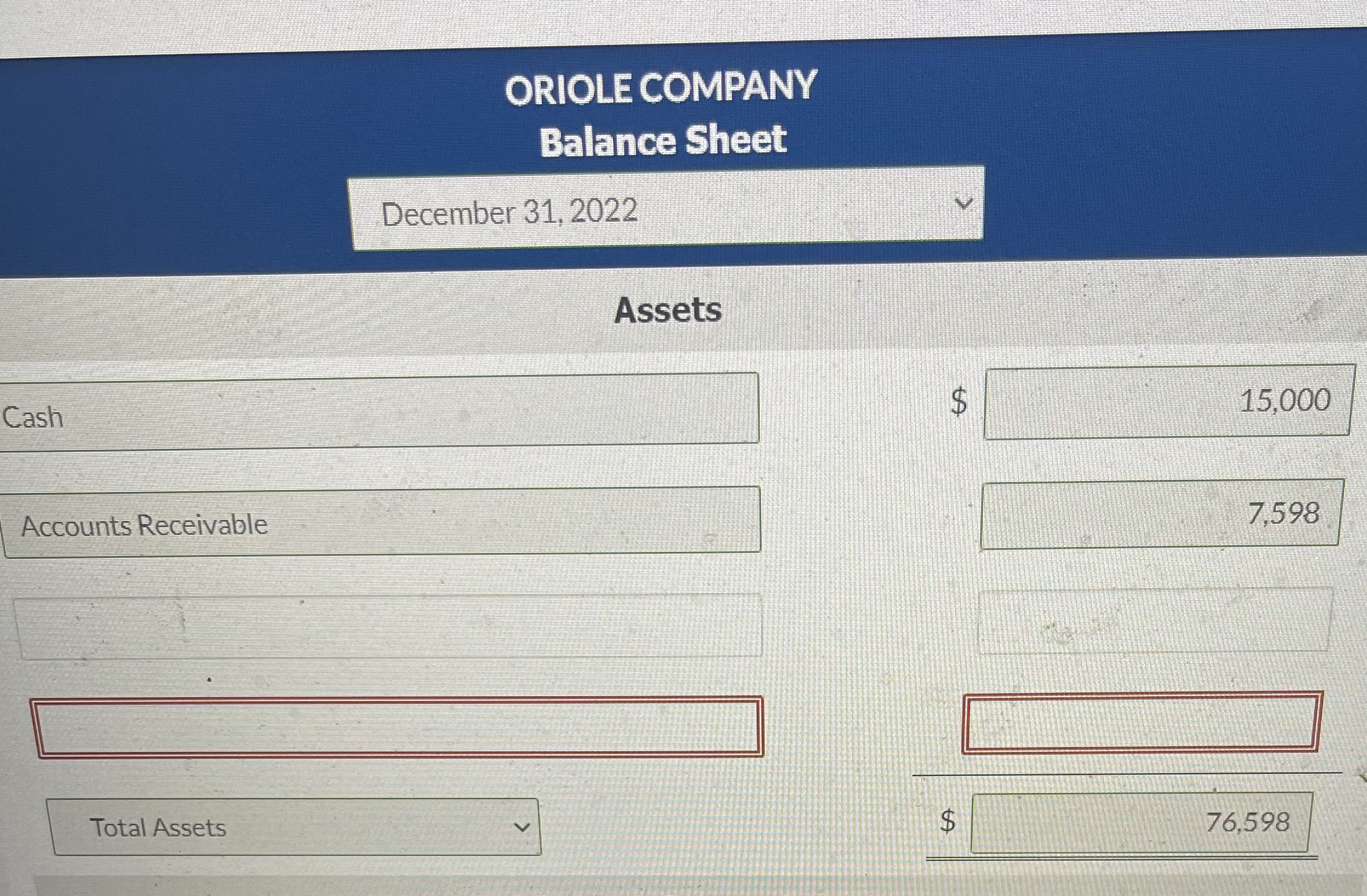 Solved ORIOLE COMPANY Balance Sheet December 31, 2022 Assets | Chegg.com