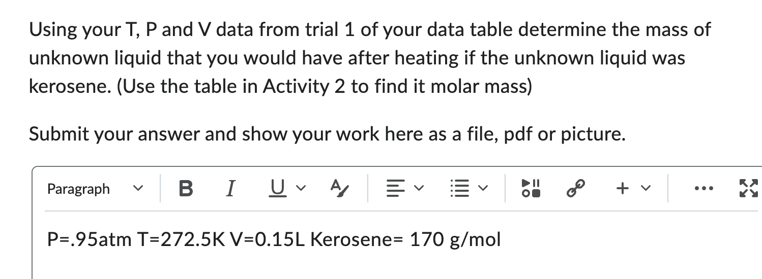 Solved Using your T,P and V data from trial 1 of your data | Chegg.com