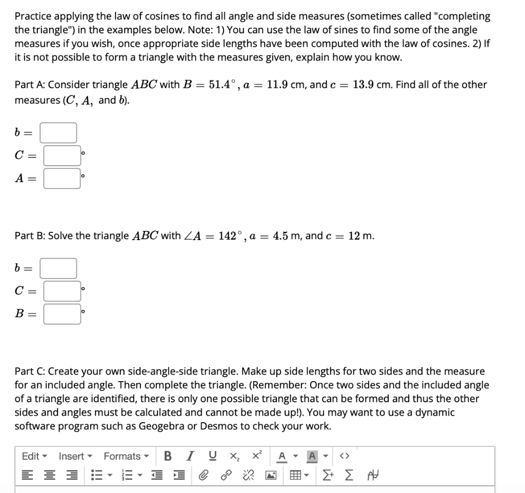 Solved Practice applying the law of cosines to find all | Chegg.com
