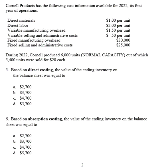 Solved Cornell Products has the following cost information | Chegg.com