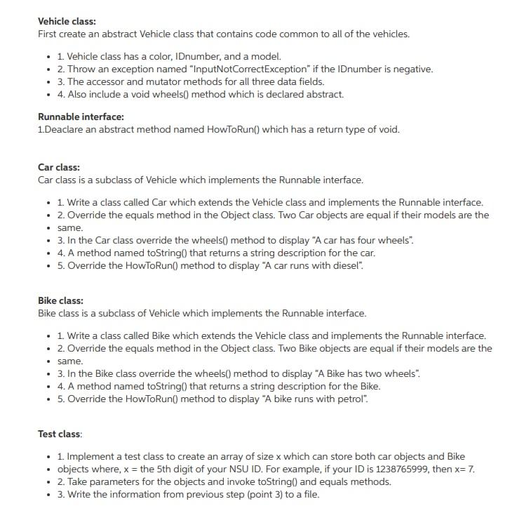 Solved Vehicle class: First create an abstract Vehicle class | Chegg.com