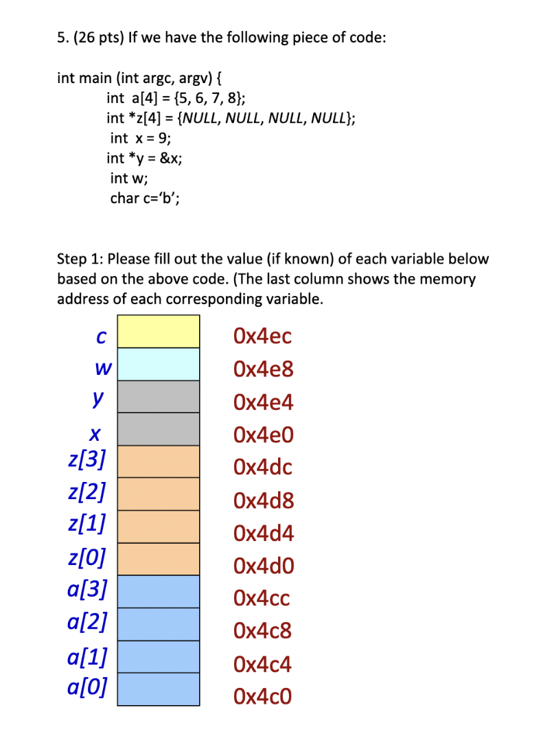 Solved 5. (26 pts) If we have the following piece of code: | Chegg.com