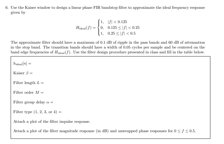 Use the Kaiser window to design a linear phase FIR | Chegg.com