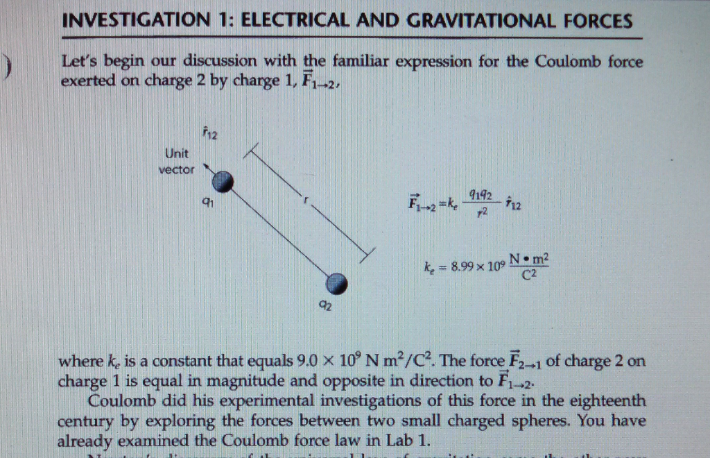 Solved INVESTIGATION 1: ELECTRICAL AND GRAVITATIONAL FORCES | Chegg.com