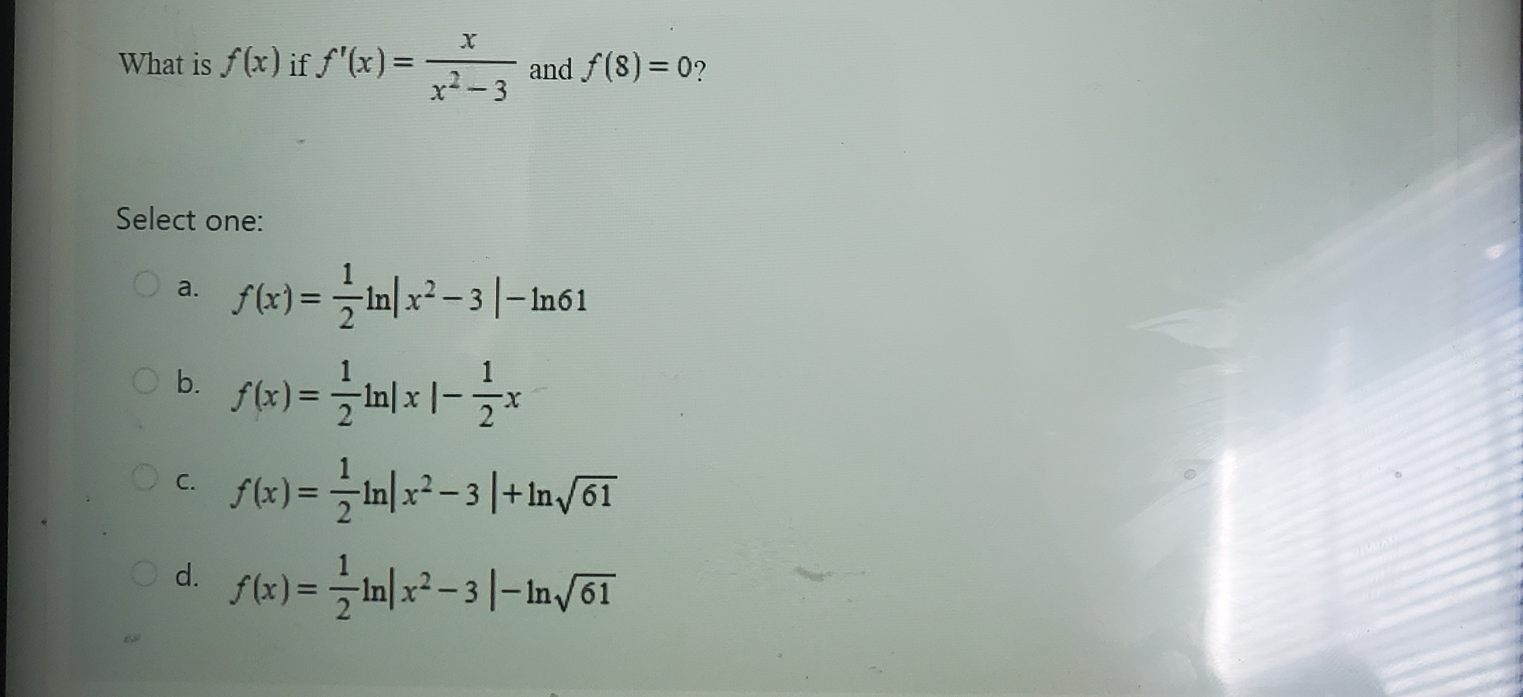 Solved What is f(x) if f′(x)=x2−3x and f(8)=0 ? Select one: | Chegg.com