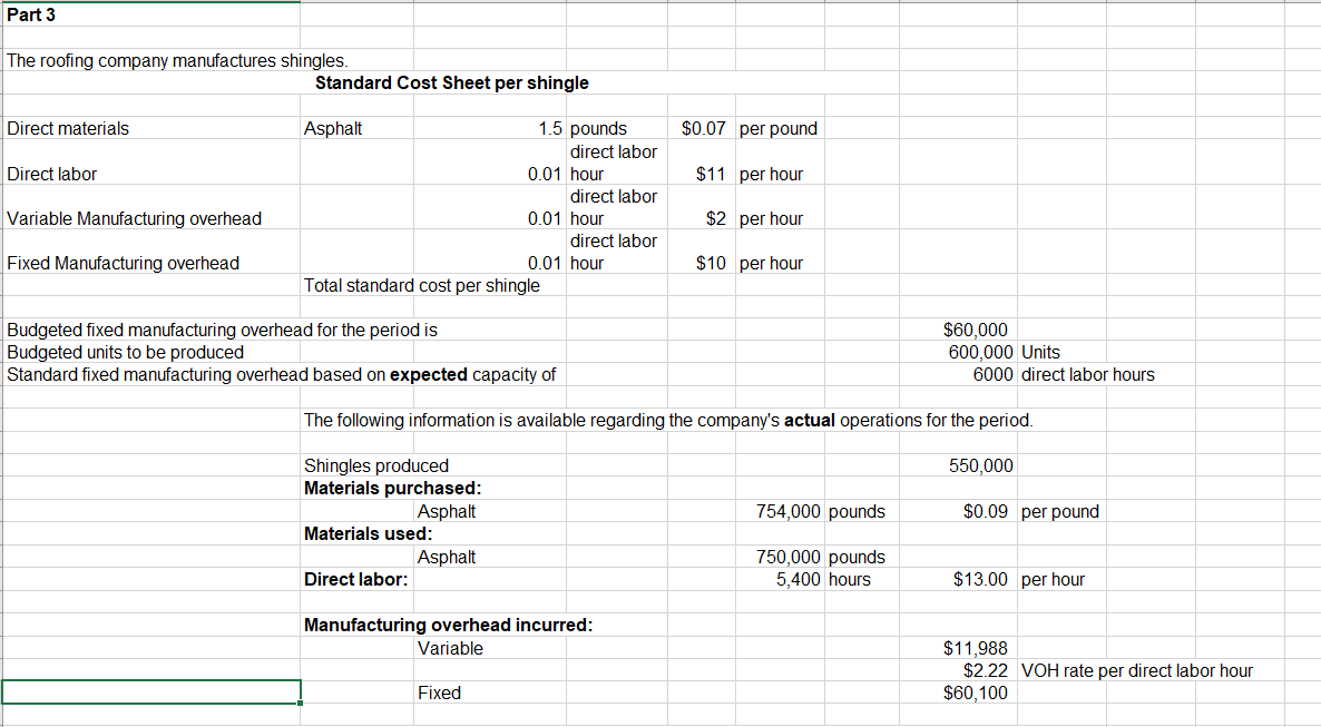 Solved Part 3 The roofing company manufactures shingles. | Chegg.com