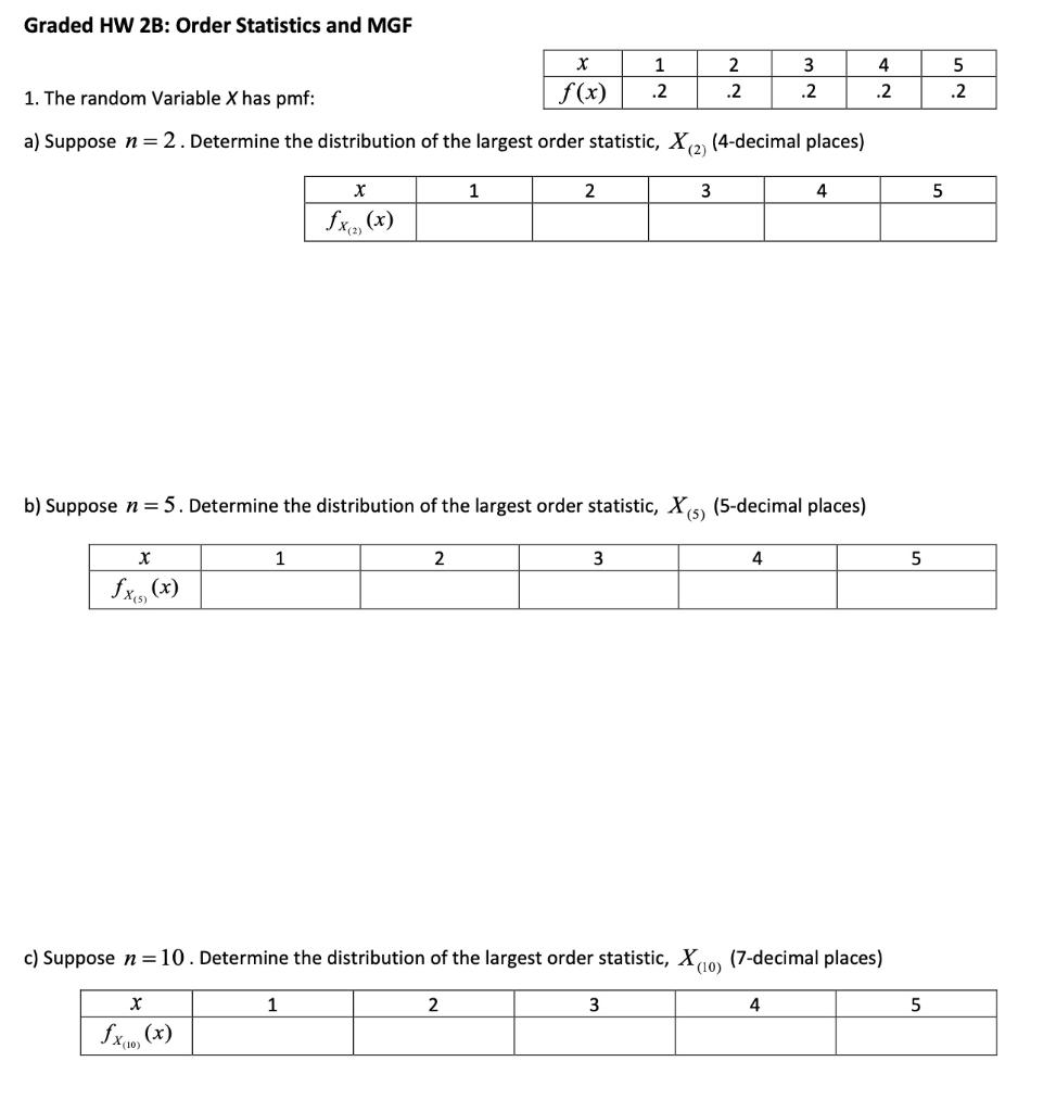 Solved Graded HW 2B: Order Statistics and MGF 1 3 4 5 X f(x) | Chegg.com