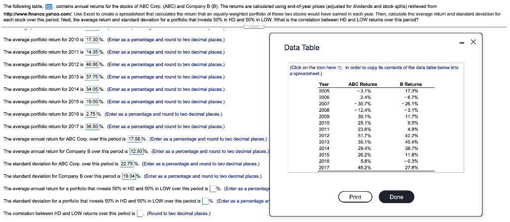 Solved The following table, contains annual returns for the | Chegg.com