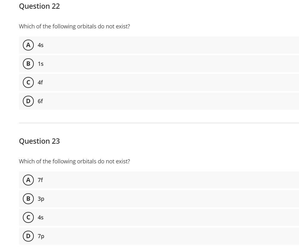 Solved Question 22 Which of the following orbitals do not | Chegg.com