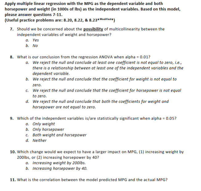 Solved Apply multiple linear regression with the MPG as the | Chegg.com