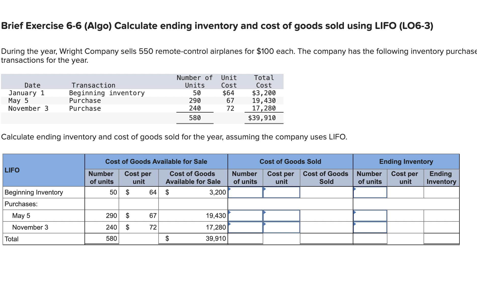 Solved Brief Exercise 6-6 (Algo) Calculate ending inventory | Chegg.com
