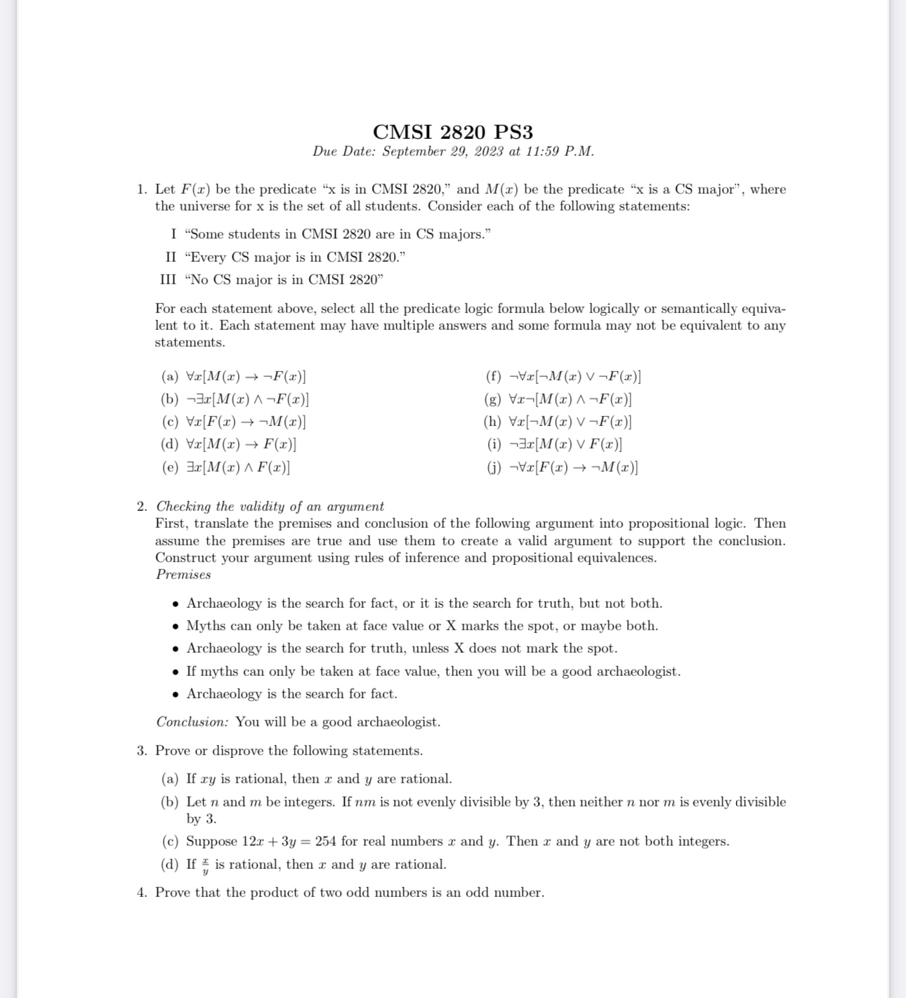 Solved 1. Let F(x) be the predicate "x is in CMSI 2820 ," | Chegg.com