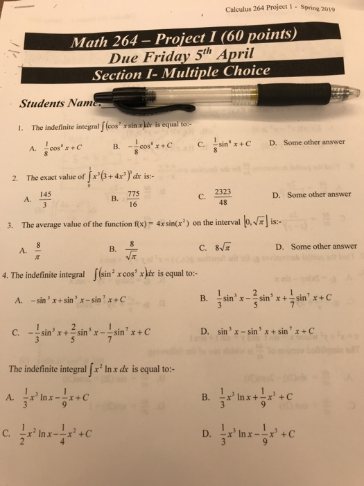 Solved Calculus 264 Project 1 Spring 2019 Math 264- Project | Chegg.com