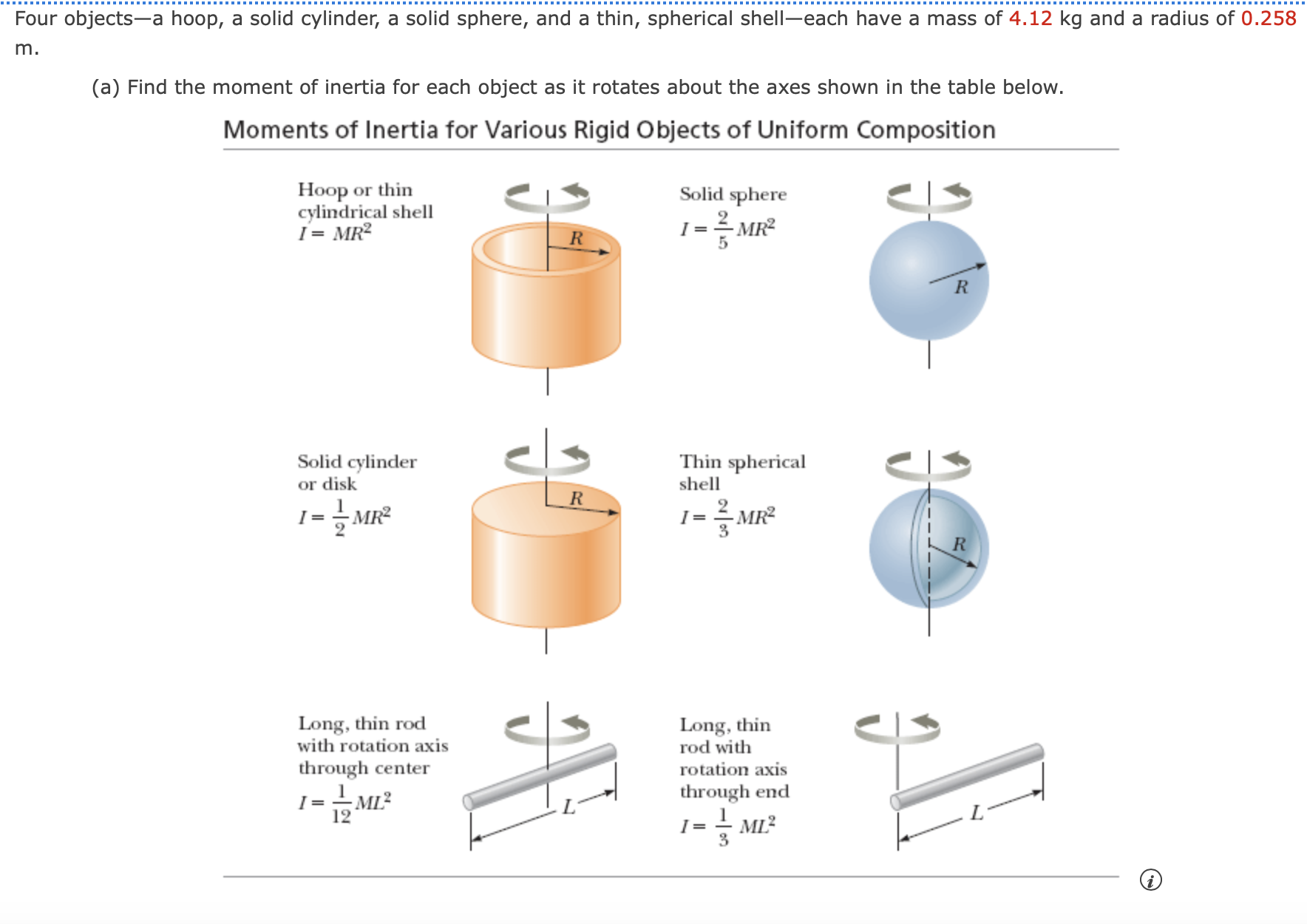 Solved Four objects-a hoop, a solid cylinder, a solid | Chegg.com