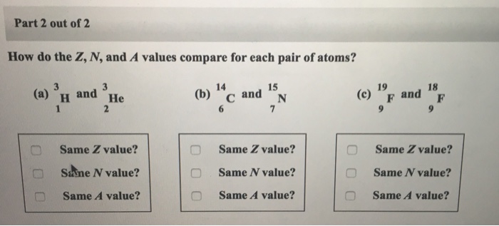 Solved Part 2 out of 2 How do the Z, N, and A values compare | Chegg.com