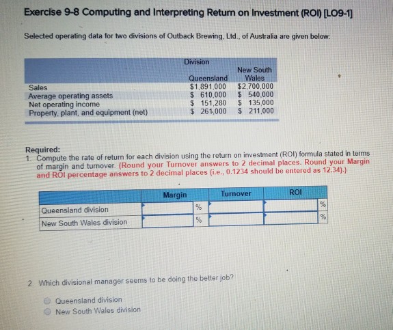 Solved Exercise 9-8 Computing and Interpreting Return on | Chegg.com