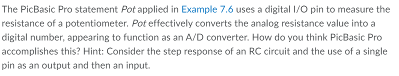 The PicBasic Pro statement Pot applied in Example 7.6 | Chegg.com