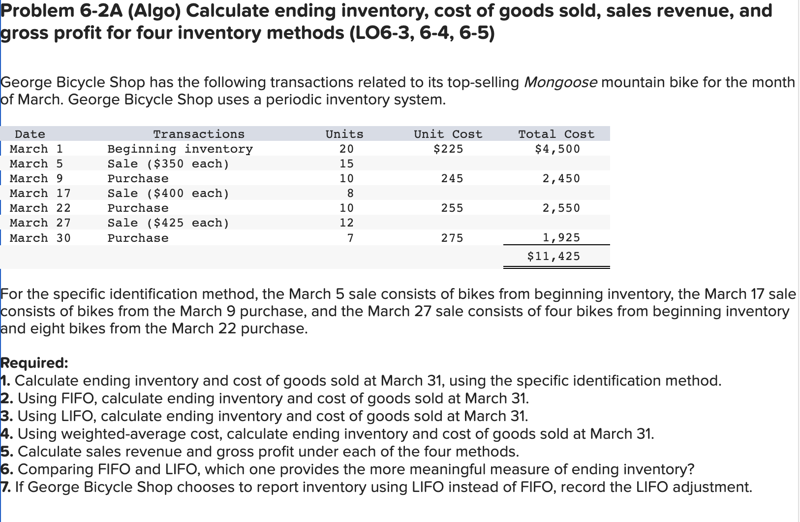 Solved Problem 6-2A (Algo) Calculate ending inventory, cost | Chegg.com