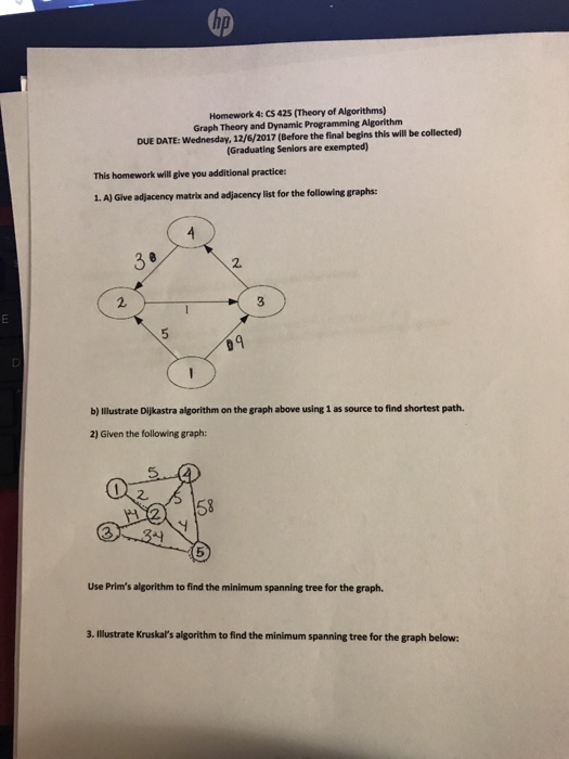 Solved Homework 4: CS 42S (Theory of Algorithms) Graph | Chegg.com