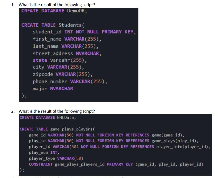 Solved 1. What is the result of the following script? CREATE | Chegg.com