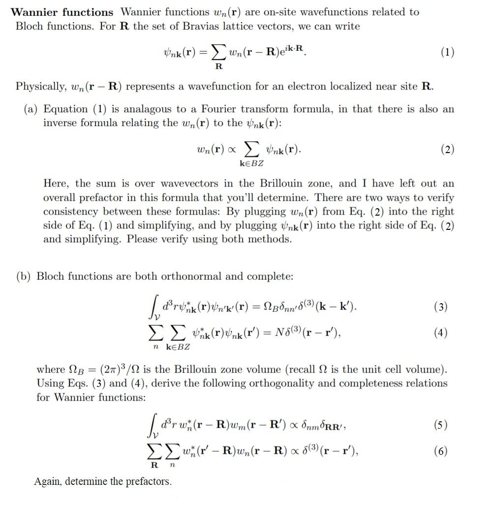 Wannier functions Wannier functions wn(r) are on-site | Chegg.com
