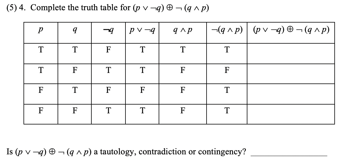 Solved (5) 4. Complete the truth table for (p V9) - (q^p) p | Chegg.com