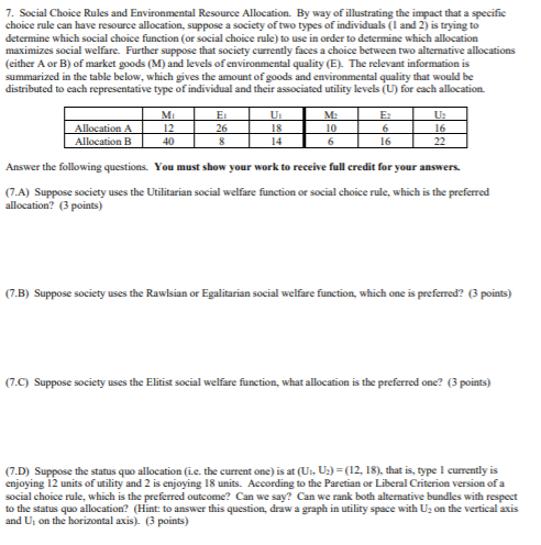 7. Social Choice Rules and Environmental Resource | Chegg.com