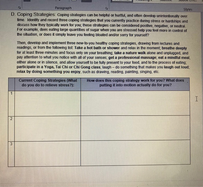 Solved Paragraph Styles D. Coping Strategies: Coping | Chegg.com