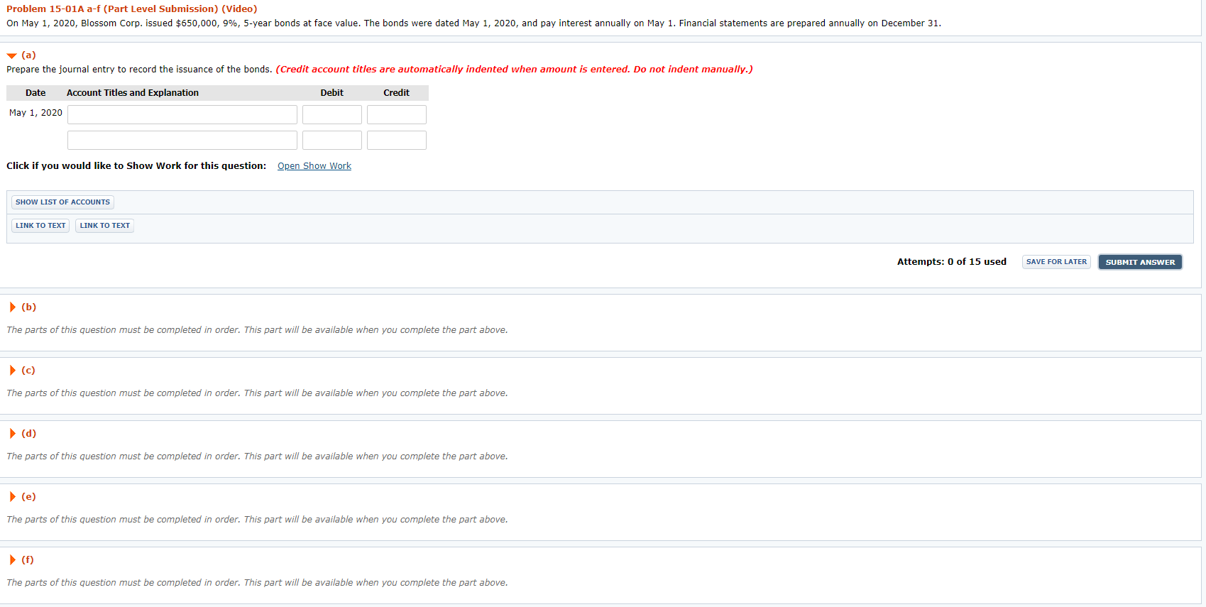 Solved Problem 15-01A a-f (Part Level Submission) (Video) On | Chegg.com