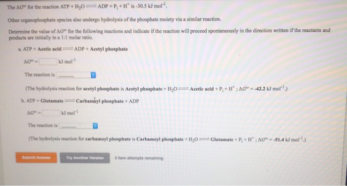 Solved The ?0" fr the reaction ATP + H2O- t ADP + Pi + H+ | Chegg.com