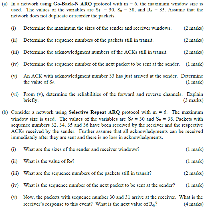 (a) In a network using Go-Back-N ARQ protocol with m | Chegg.com