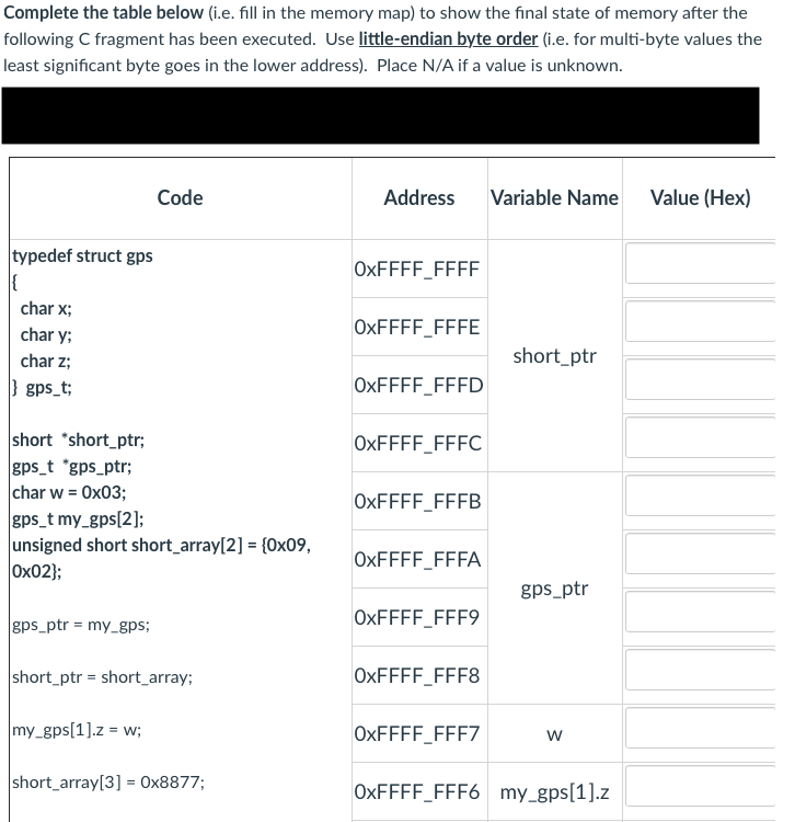 Complete the table below (i.e. fill in the memory | Chegg.com
