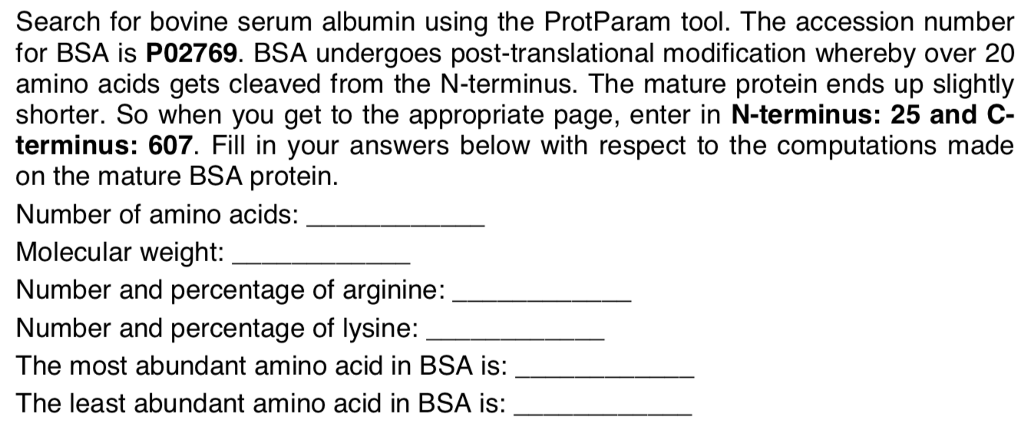 Solved Search for bovine serum albumin using the ProtParam | Chegg.com