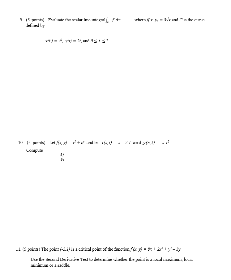 Solved 9. (5 points) Evaluate the scalar line integralſc f | Chegg.com